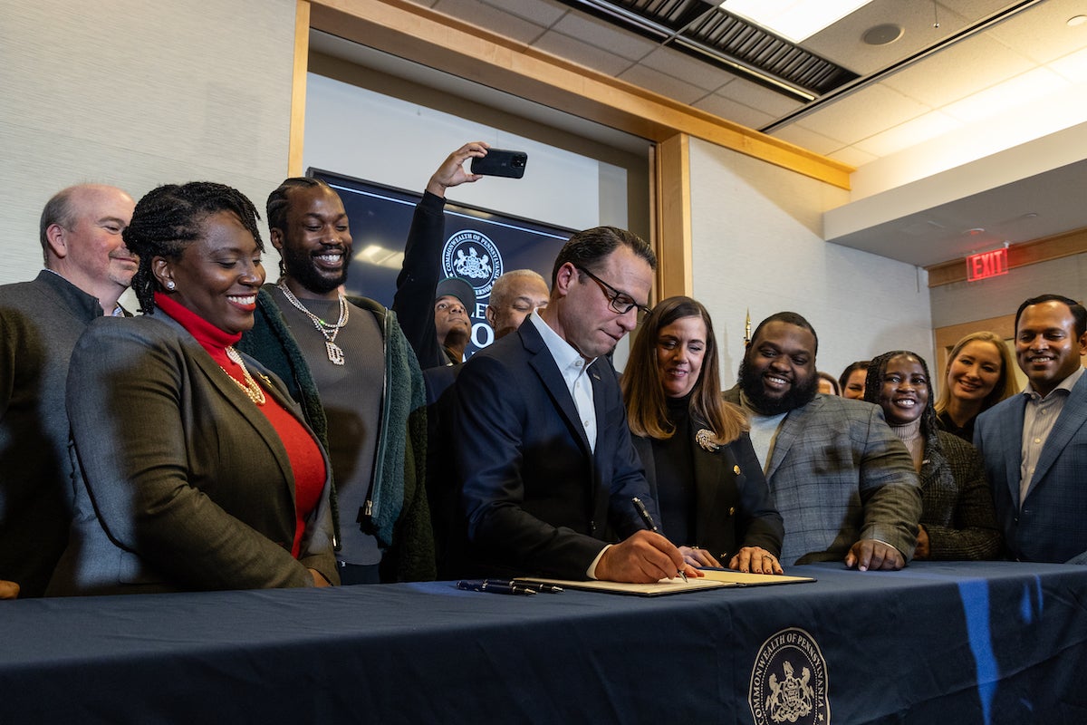 Meek Mill joins Gov. Shapiro for the Pa. probation reform bill signing ...
